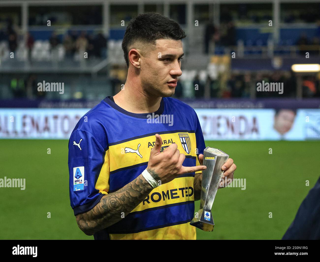 Parma, Italy. 28th Dec, 2024. Lautaro Valenti (Parma Calcio) shows the ...