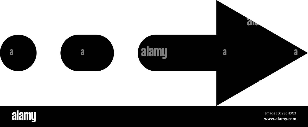 Minimalist black arrow pointing right, preceded by two dots and a rounded rectangle, ideal for ...