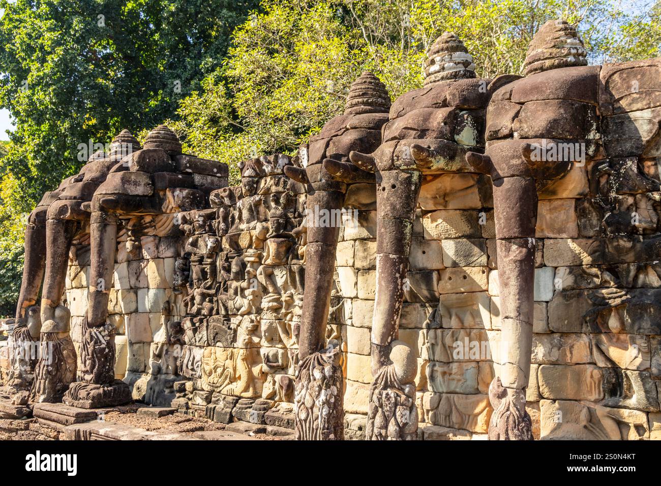 Terrace of elephants ceremonial wall of hindu sculptures, Angkor Thom ...