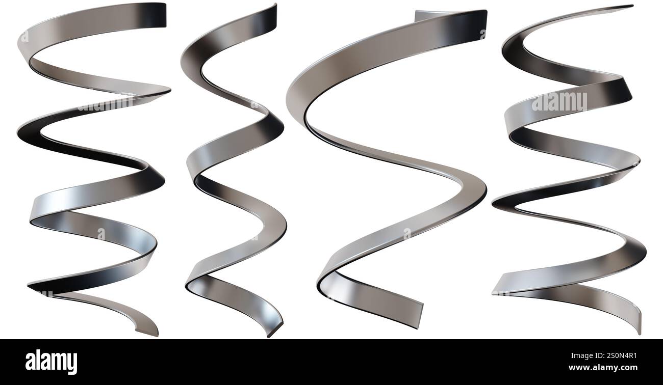 Set of 3D chrome ribbons with futuristic design, isolated on white ...