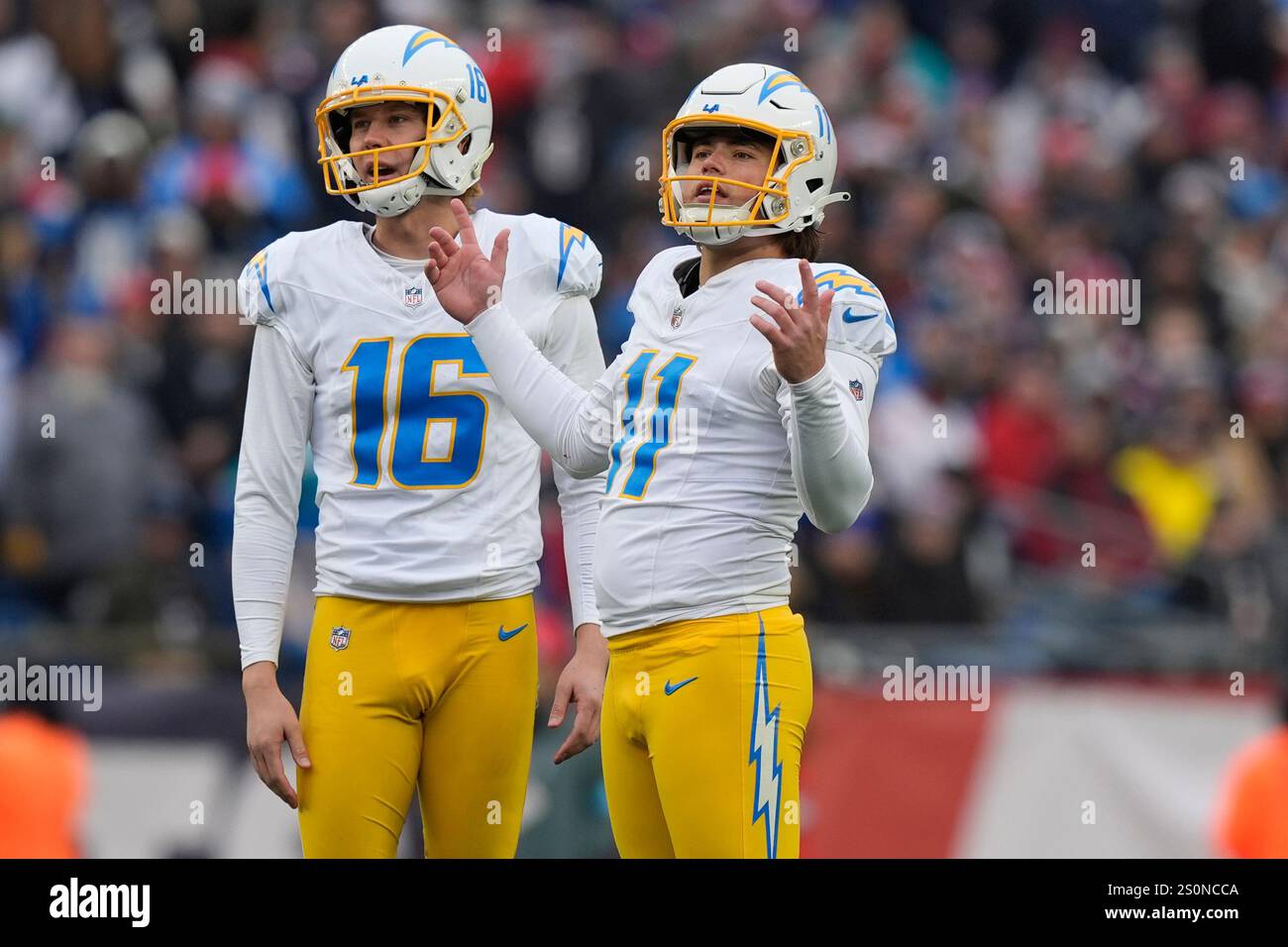 Los Angeles Chargers place kicker Cameron Dicker (11) watches his field ...