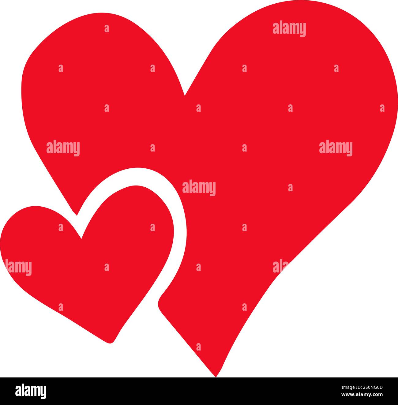 Two vibrant, solid red hearts overlap, forming a larger, unified symbol ...