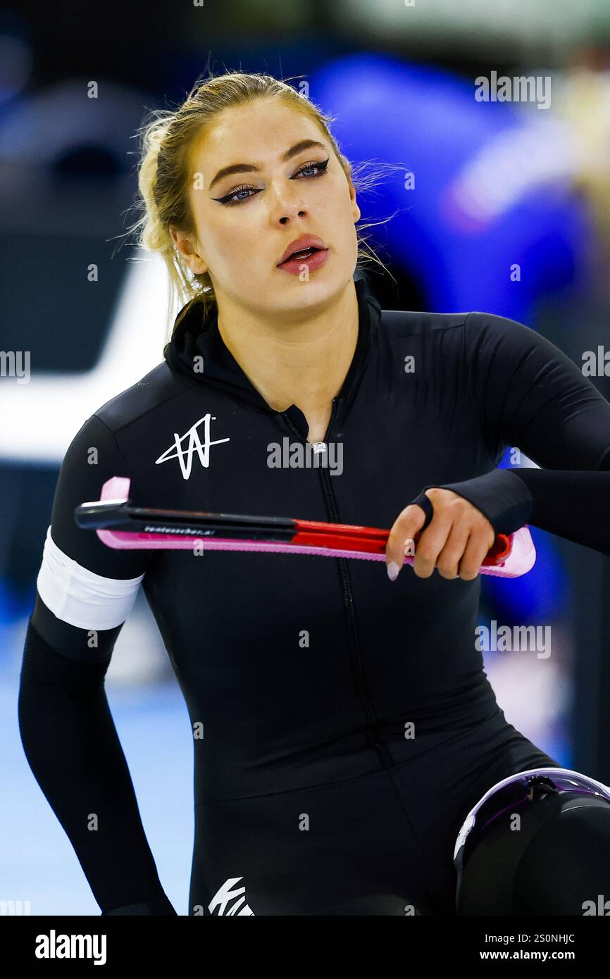 HEERENVEEN - Jutta Leerdam reacts after the 500 meters during the first ...