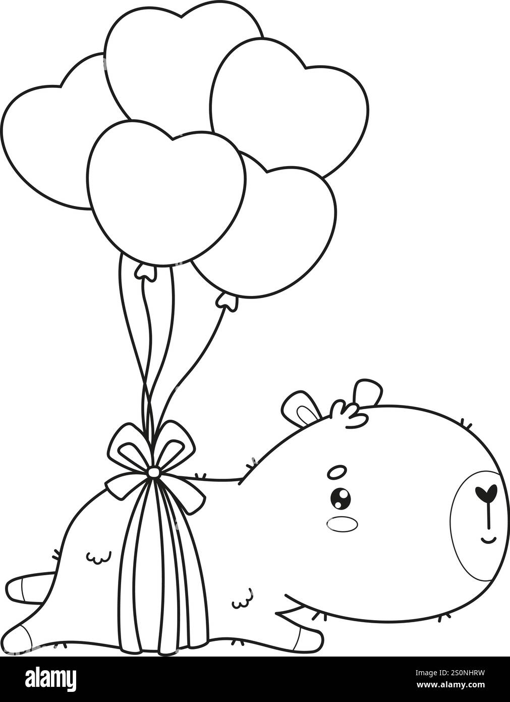 Outline capybara with balloons hearts. Funny cartoon kawaii character ...