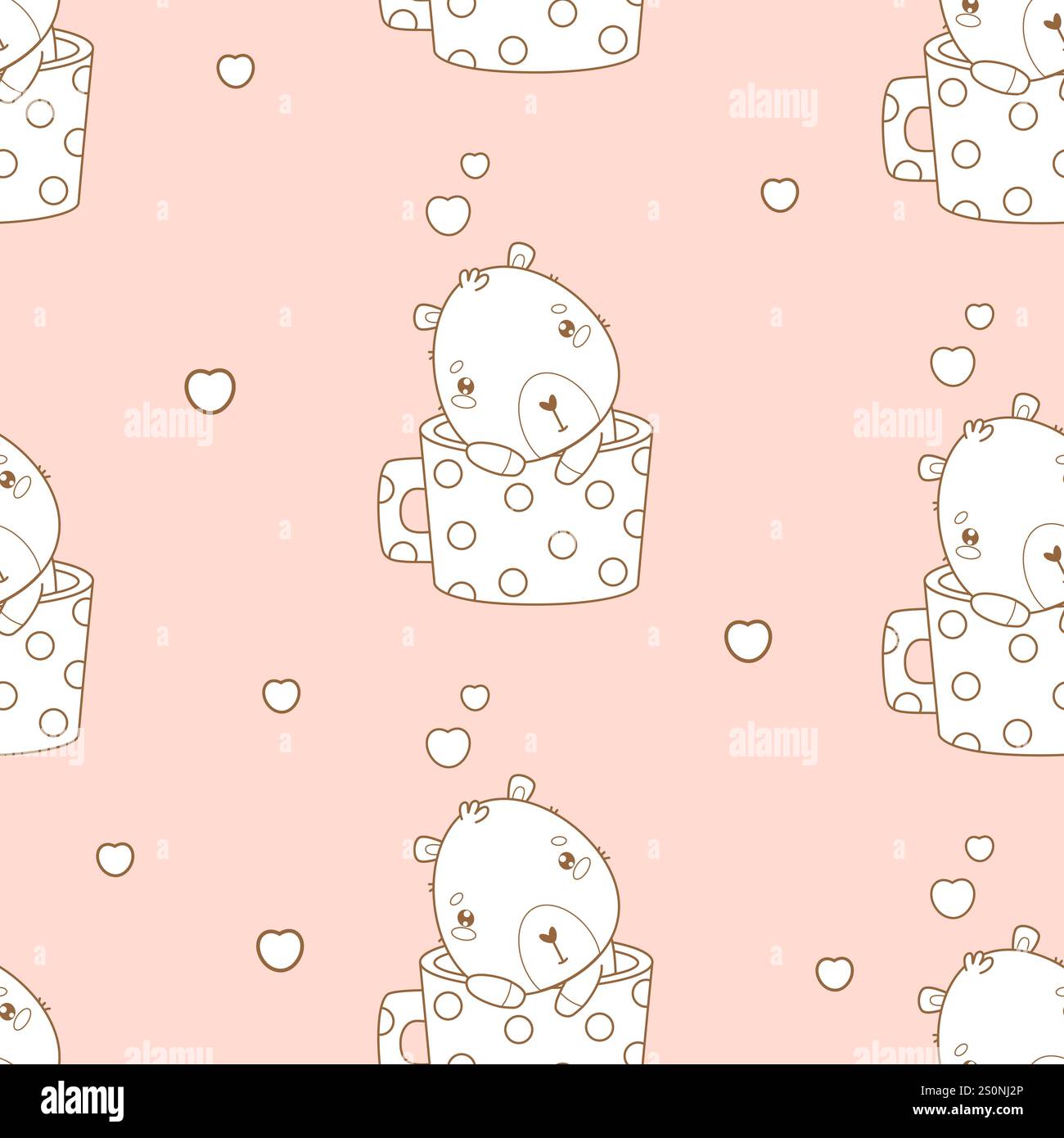 Seamless romantic pattern. Cute enamored capybara in cup on soft pink ...