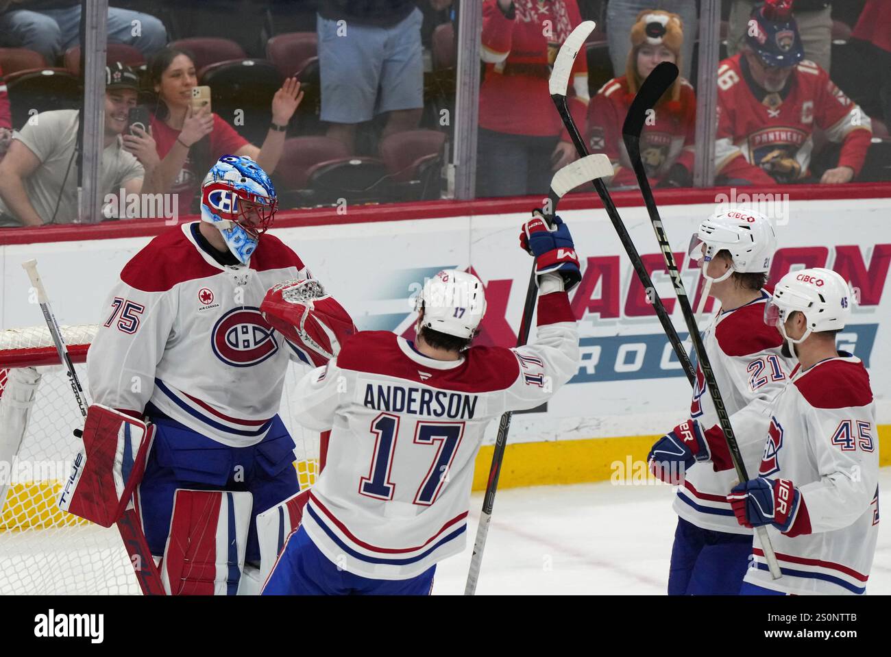 Montreal Canadiens goaltender Jakub Dobes (75) celebrates with his ...