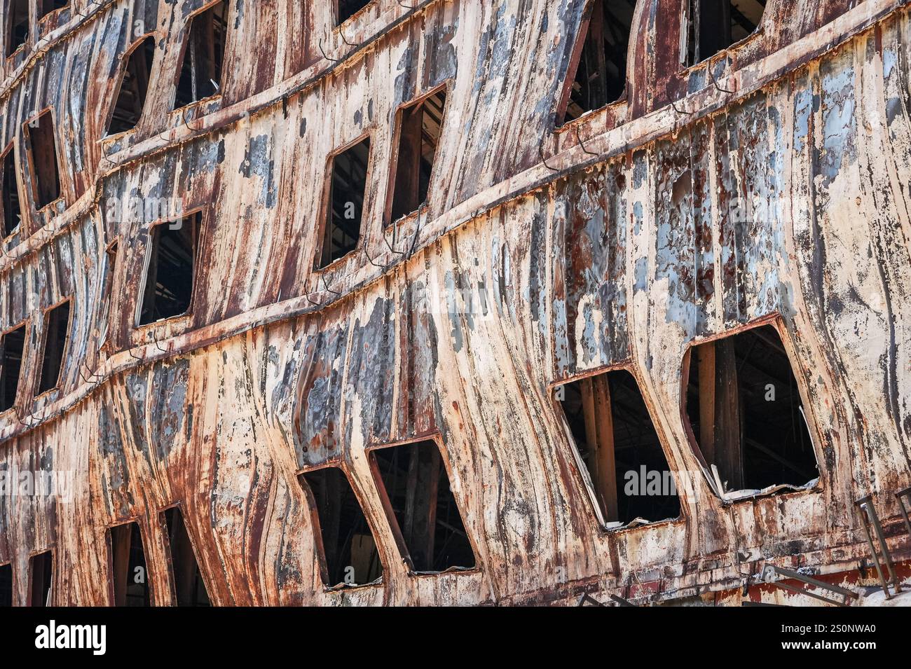 A close-up of the facade of The Abandoned Galaxy "Ghost Ship" Hotel ...