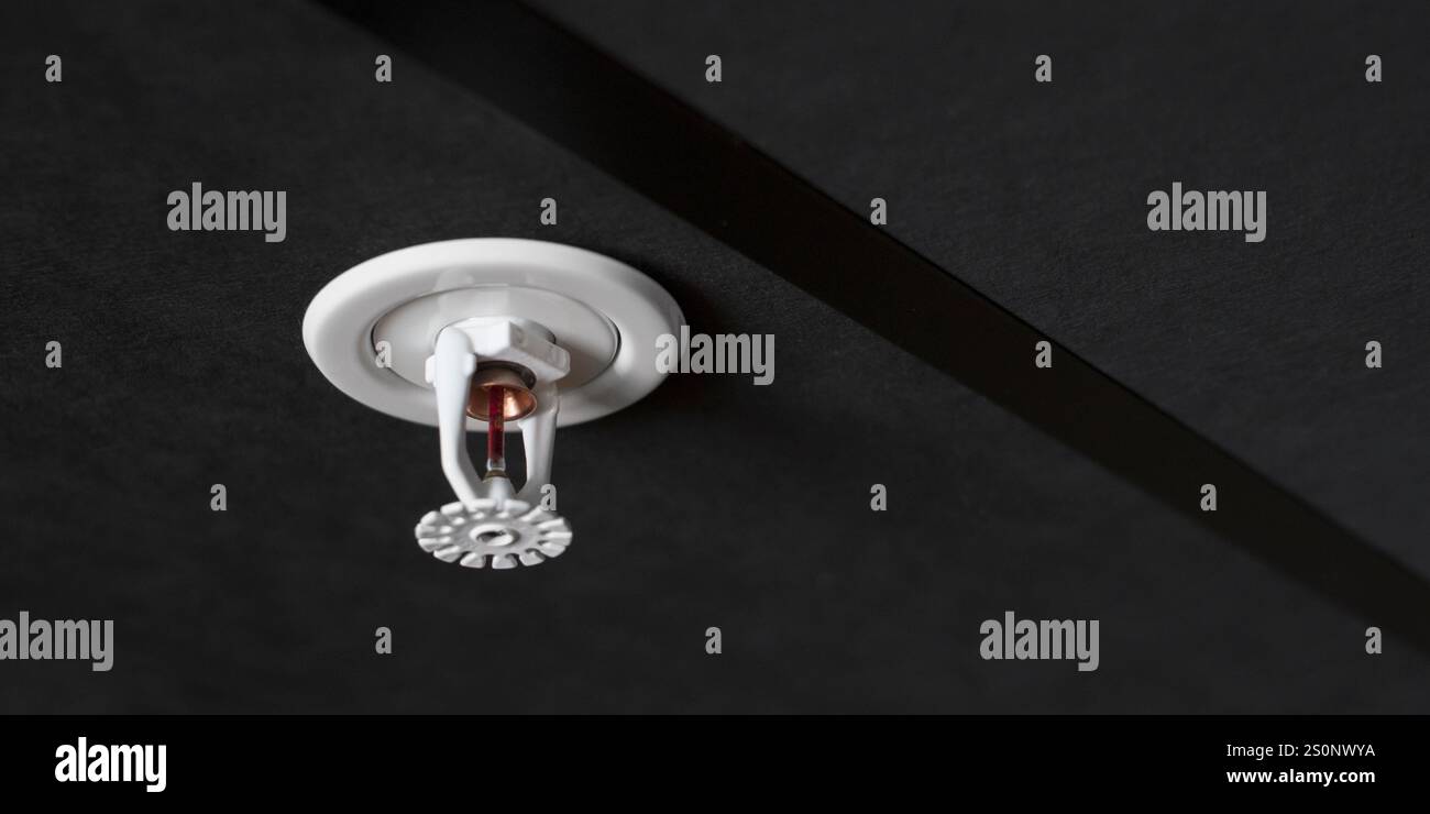 Fire sprinkler on the ceiling with vacuum sealed glass tube. Water fire ...