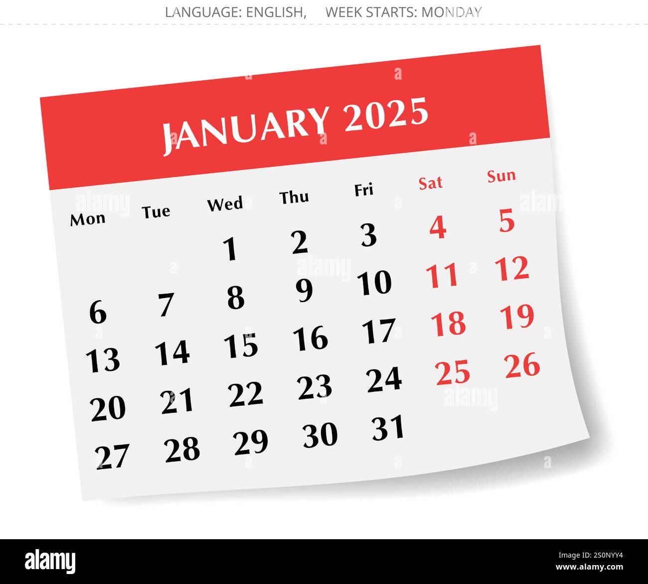 2025 January English calendar. A vector illustration of monthly paper ...
