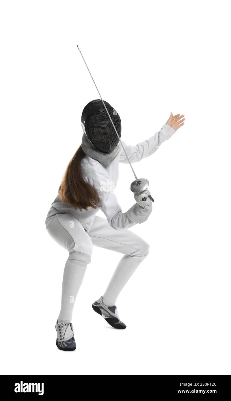 Fencer with epee practicing on white background Stock Photo - Alamy