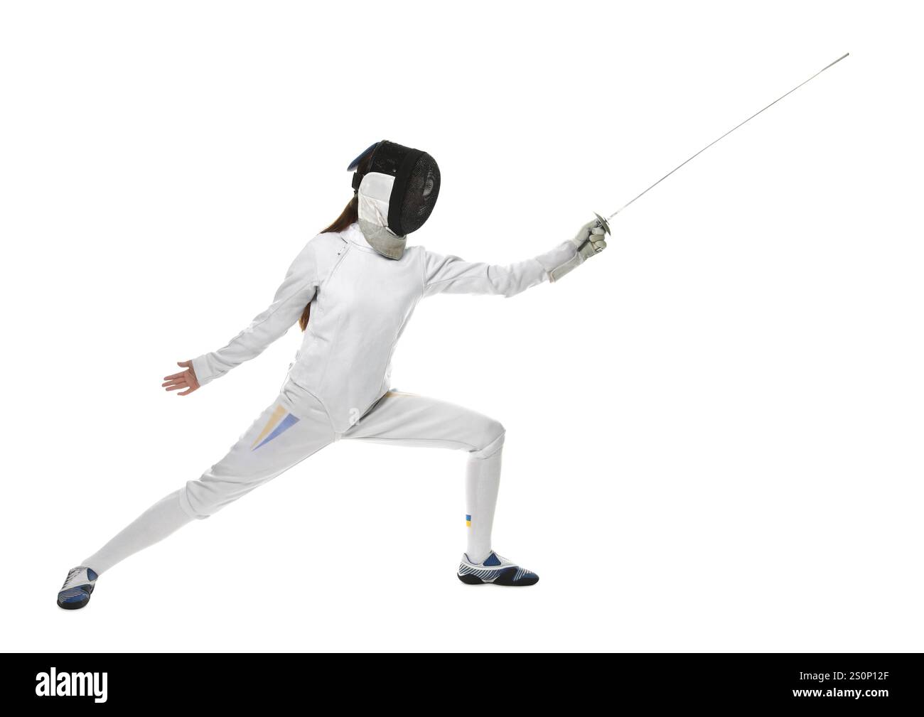 Fencer with epee practicing on white background Stock Photo - Alamy