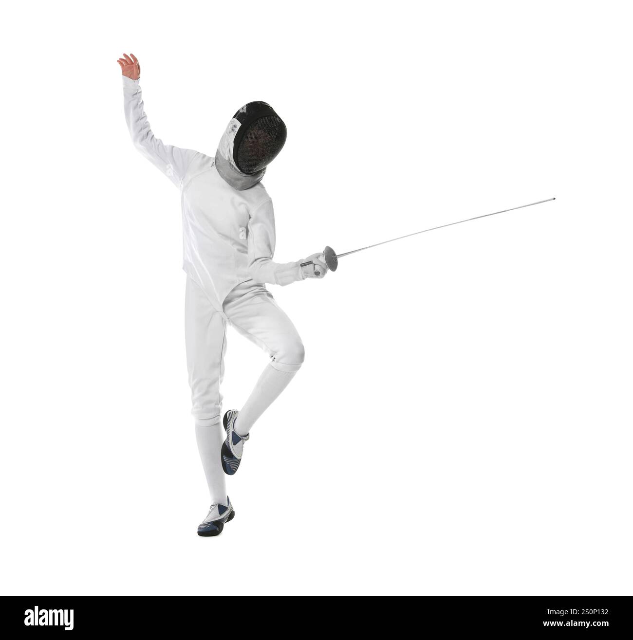 Fencer with epee practicing on white background Stock Photo - Alamy