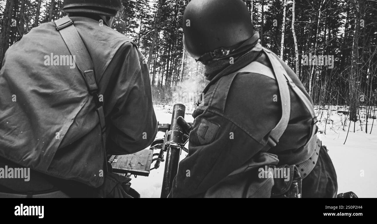 Back View On Re-enactors Dressed As American Infantry Soldiers Fire ...