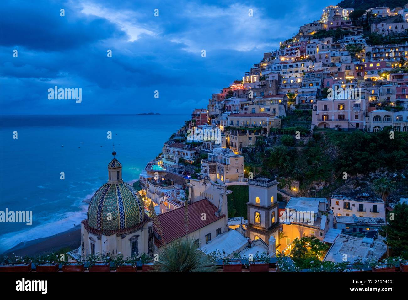 Night view of Positano after the storm, Costiera Amalfitana, Italy ...