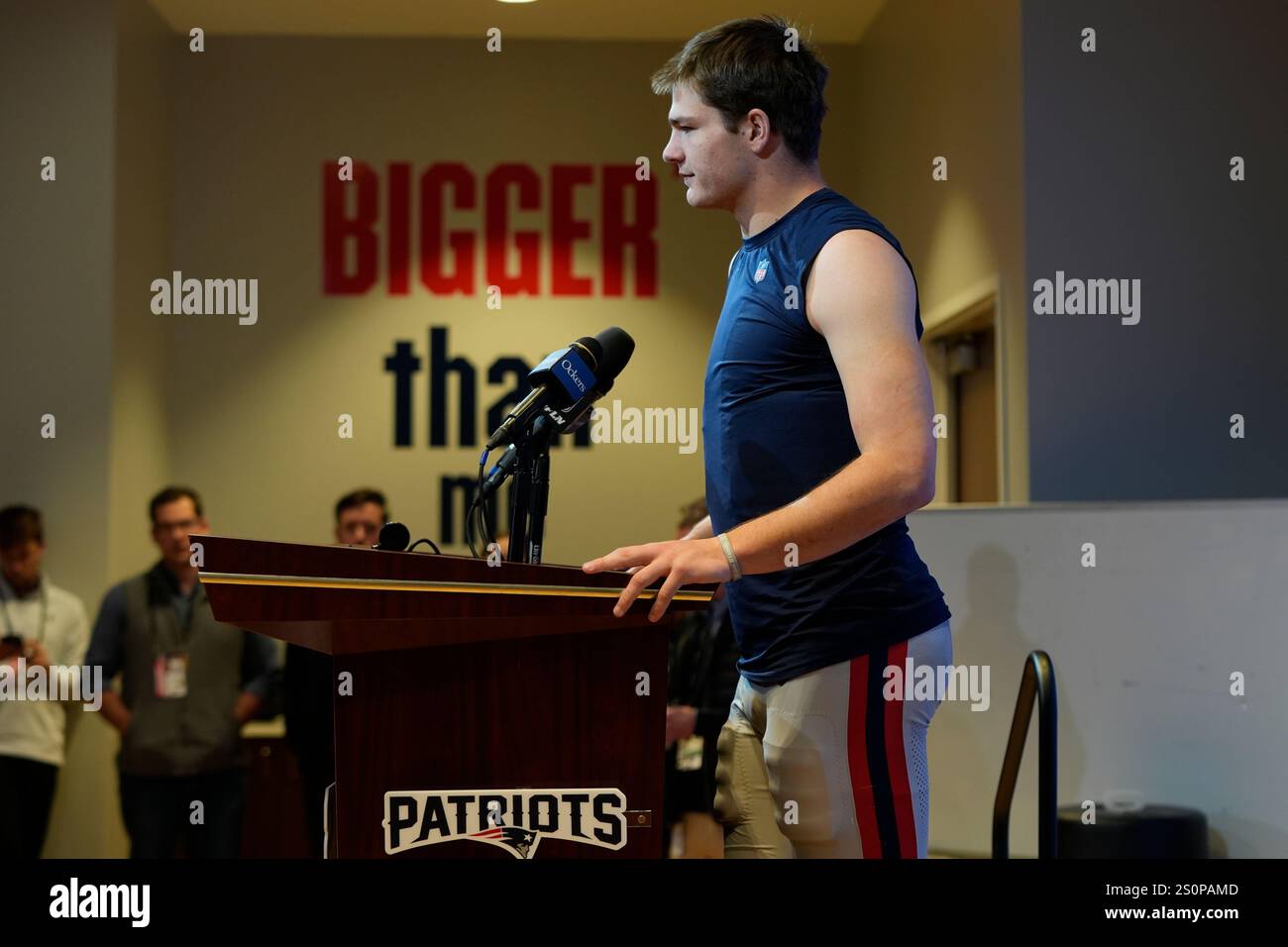 New England Patriots quarterback Drake Maye during a news conference ...