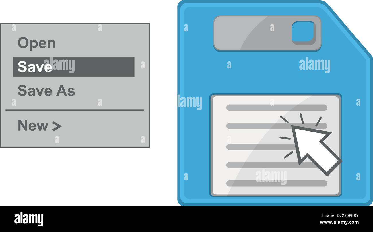 Vector Illustration Pop Up Context Window Menu With Save Options And A Computer Mouse Clicking