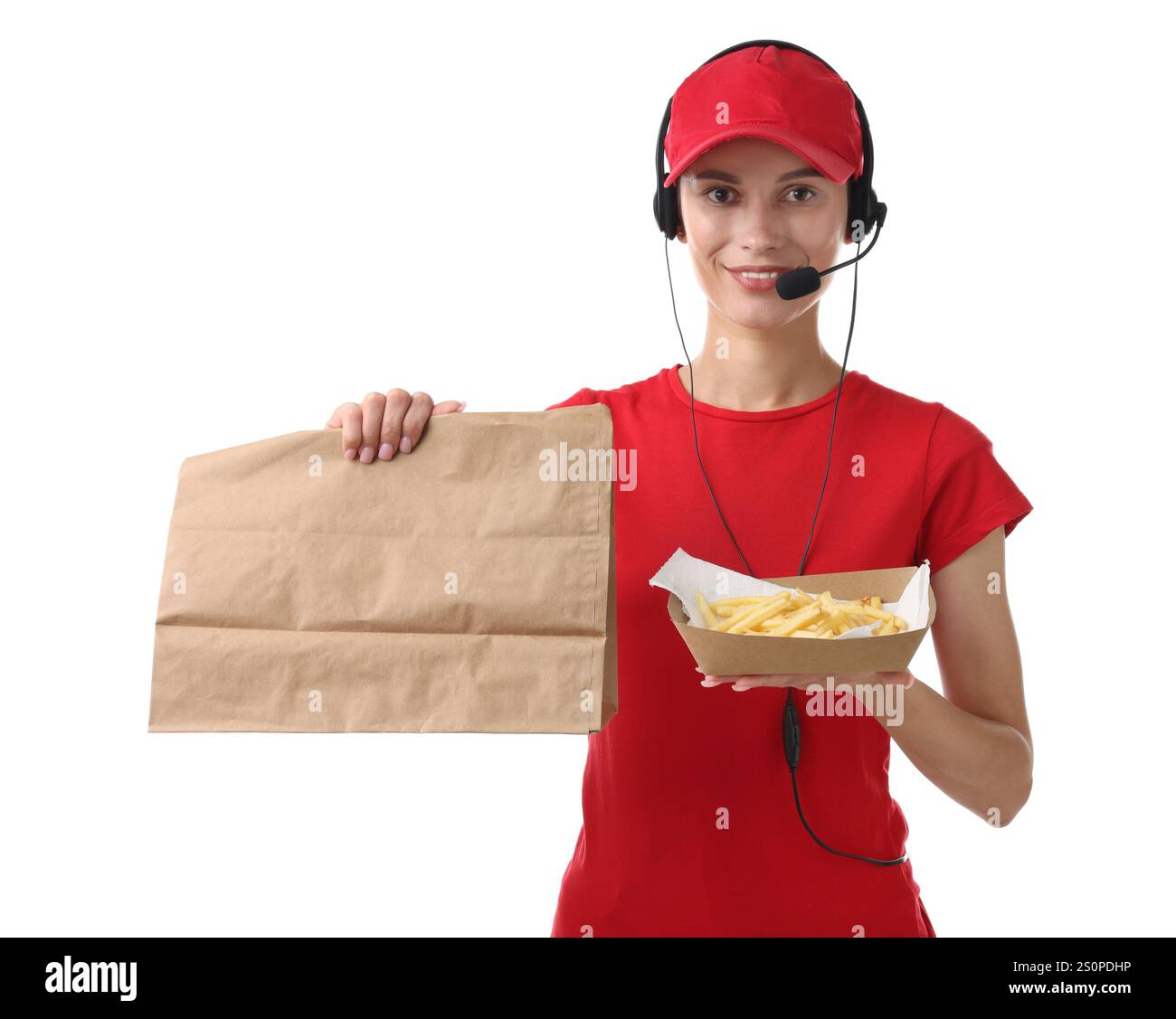 Fast-food worker with paper bag and fries on white background Stock ...