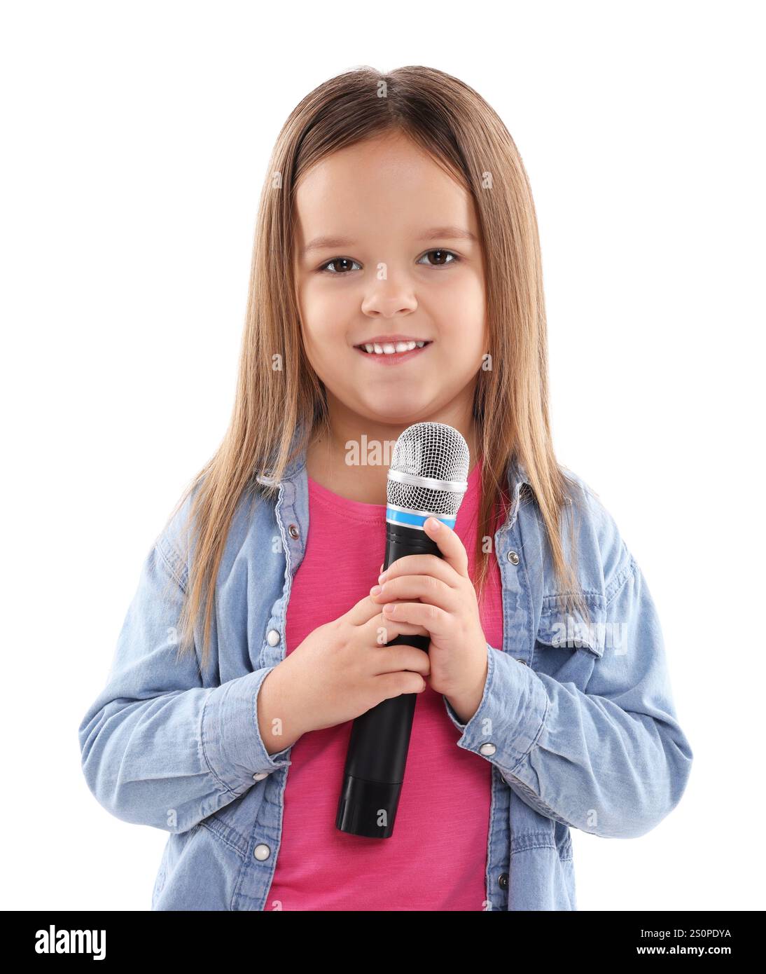 Smiling girl with microphone on white background Stock Photo - Alamy
