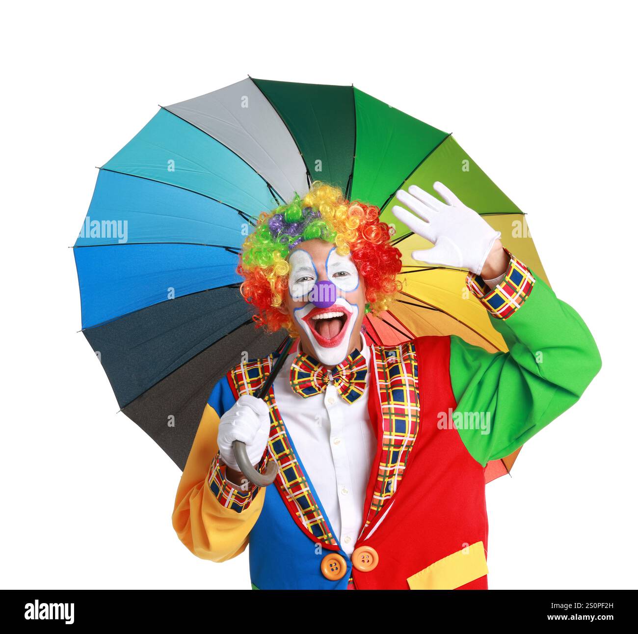 Happy clown with colorful umbrella on white background Stock Photo - Alamy