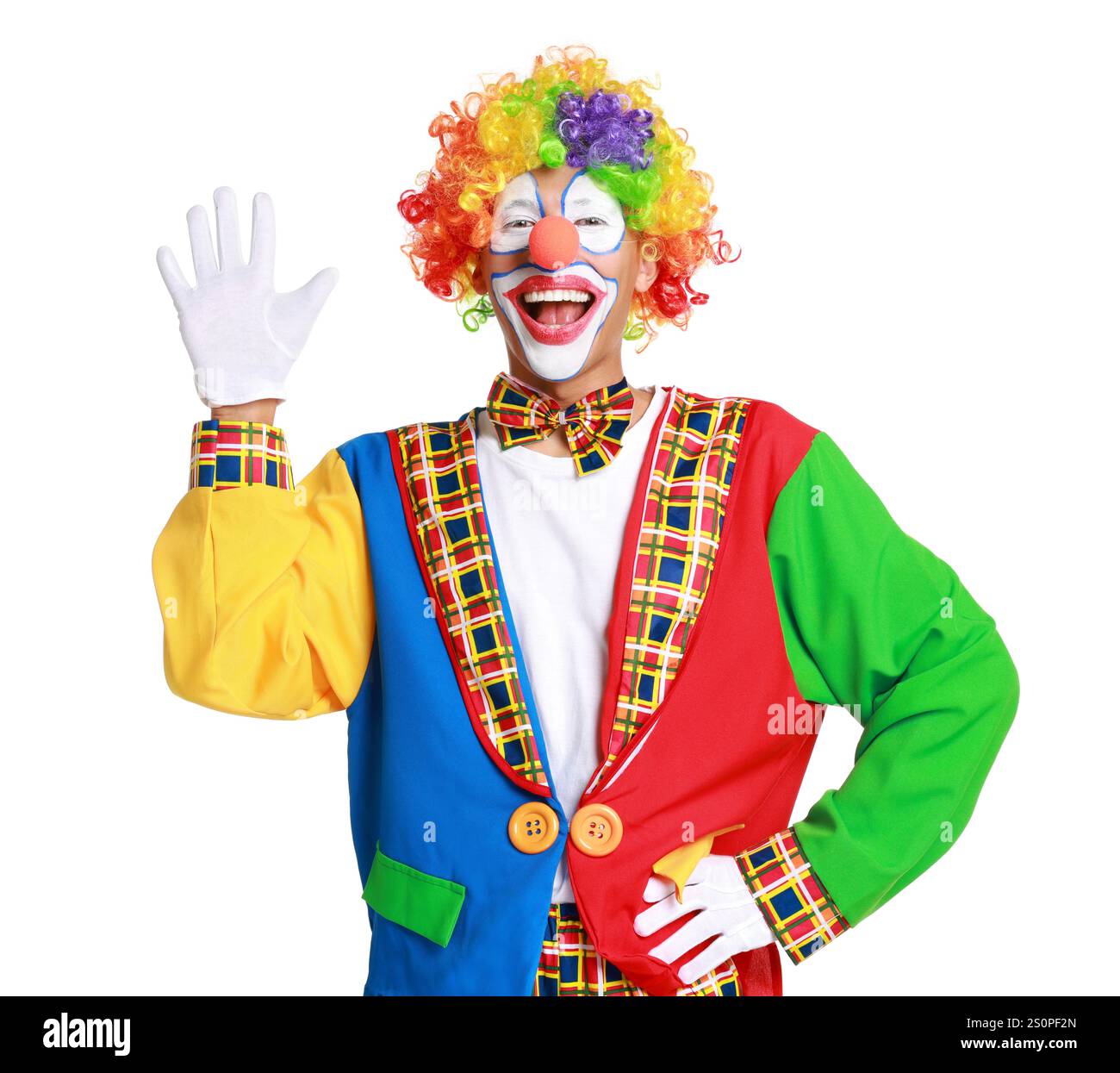 Portrait of happy clown waving on white background Stock Photo - Alamy