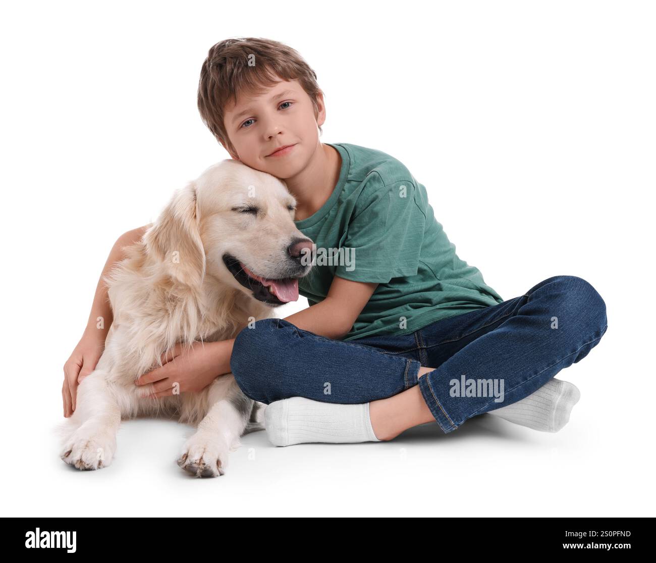Boy with his cute dog on white background Stock Photo - Alamy