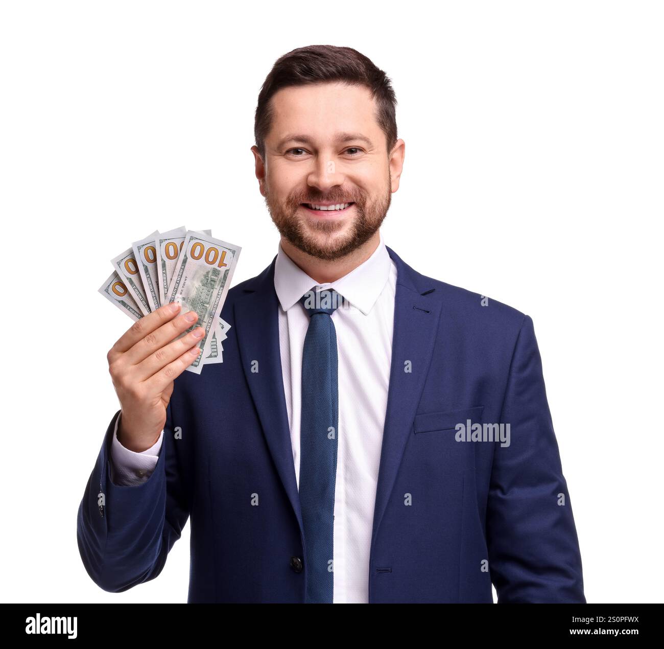 Portrait of banker with dollar banknotes on white background Stock ...
