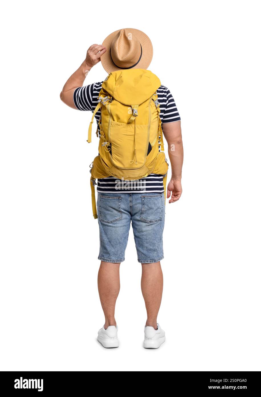 Traveller with backpack on white background, back view Stock Photo - Alamy