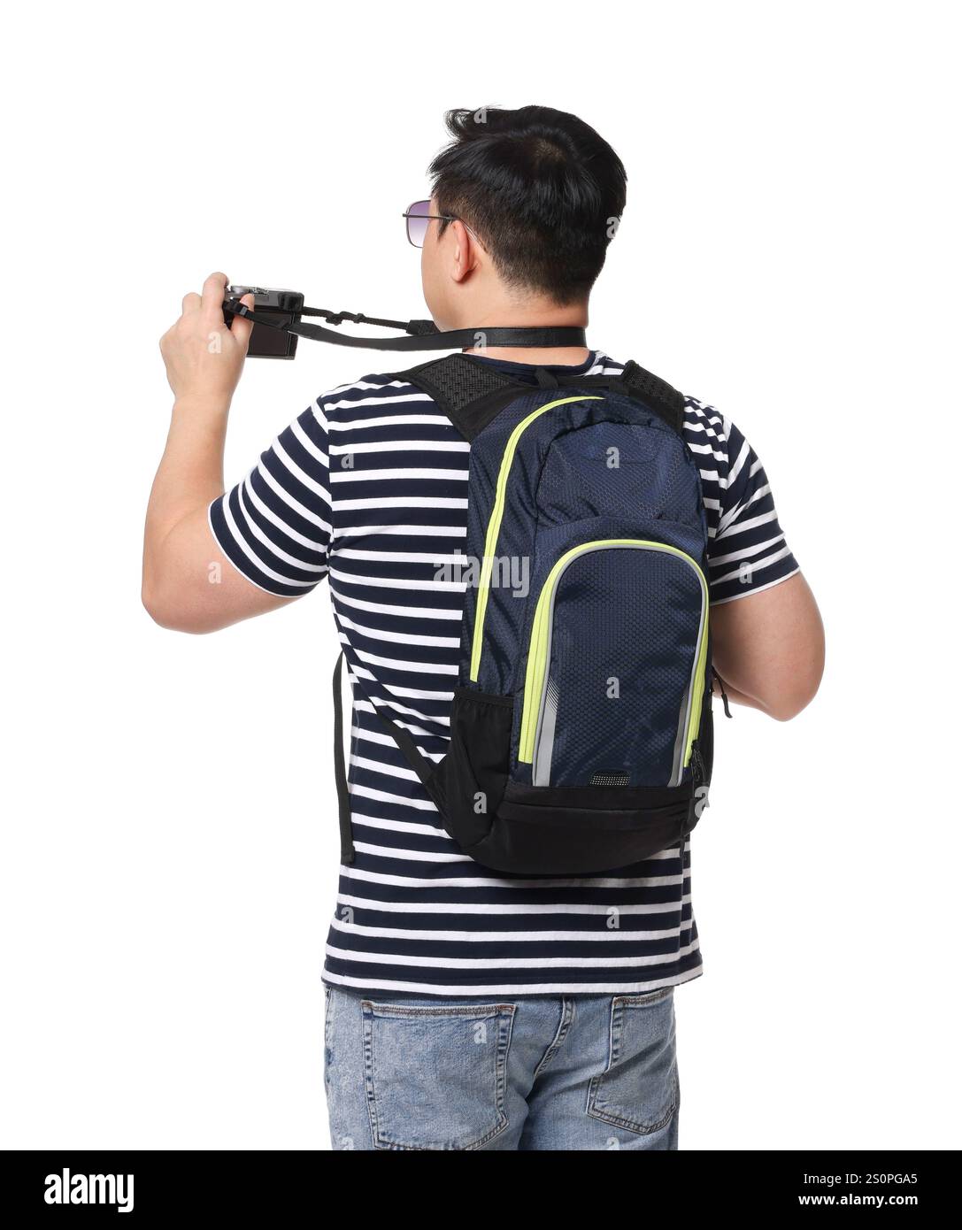 Traveller with backpack taking photo on white background, back view ...