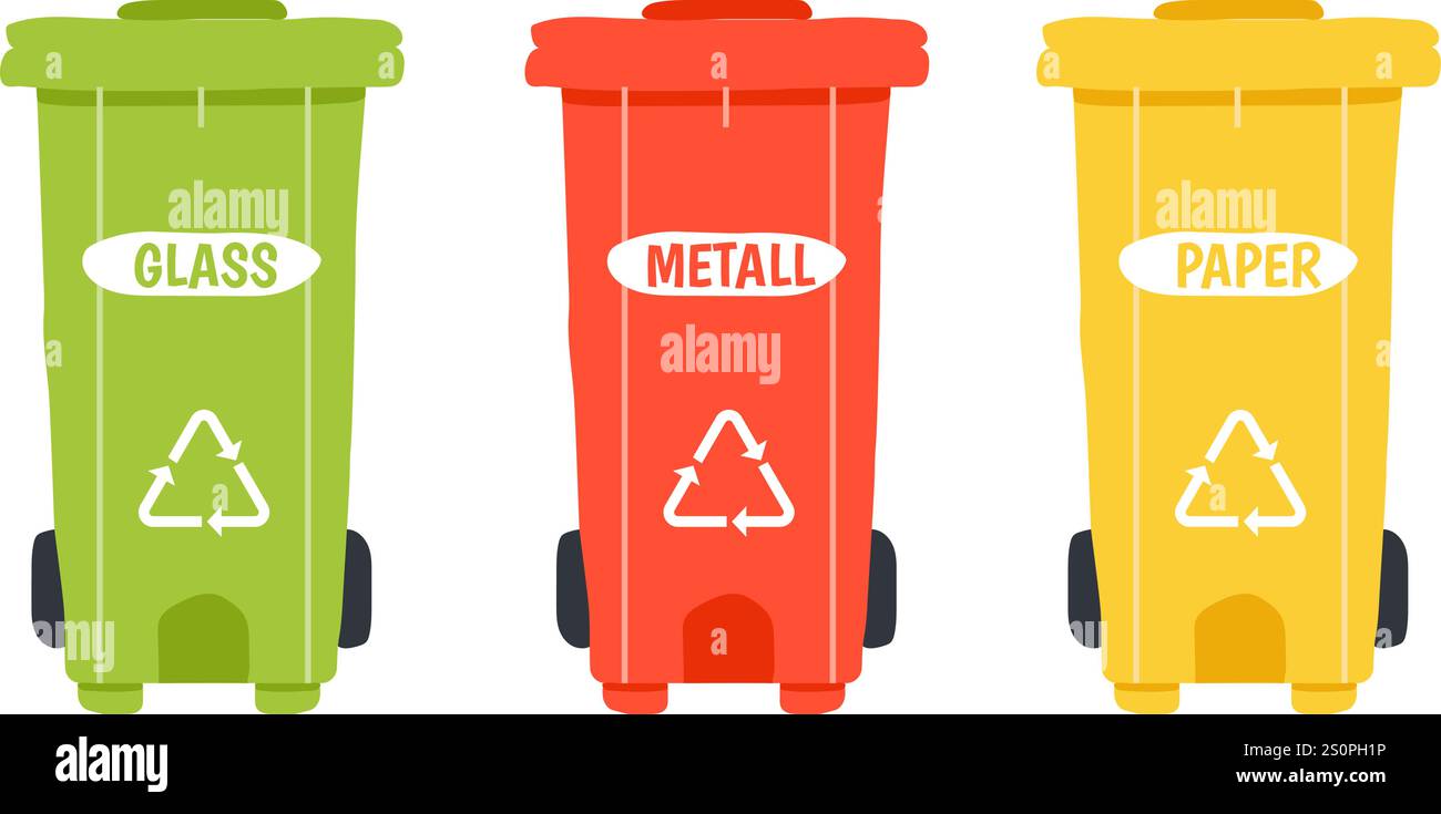 Colorful recycling bins, clearly labeled for glass, metal, and paper ...