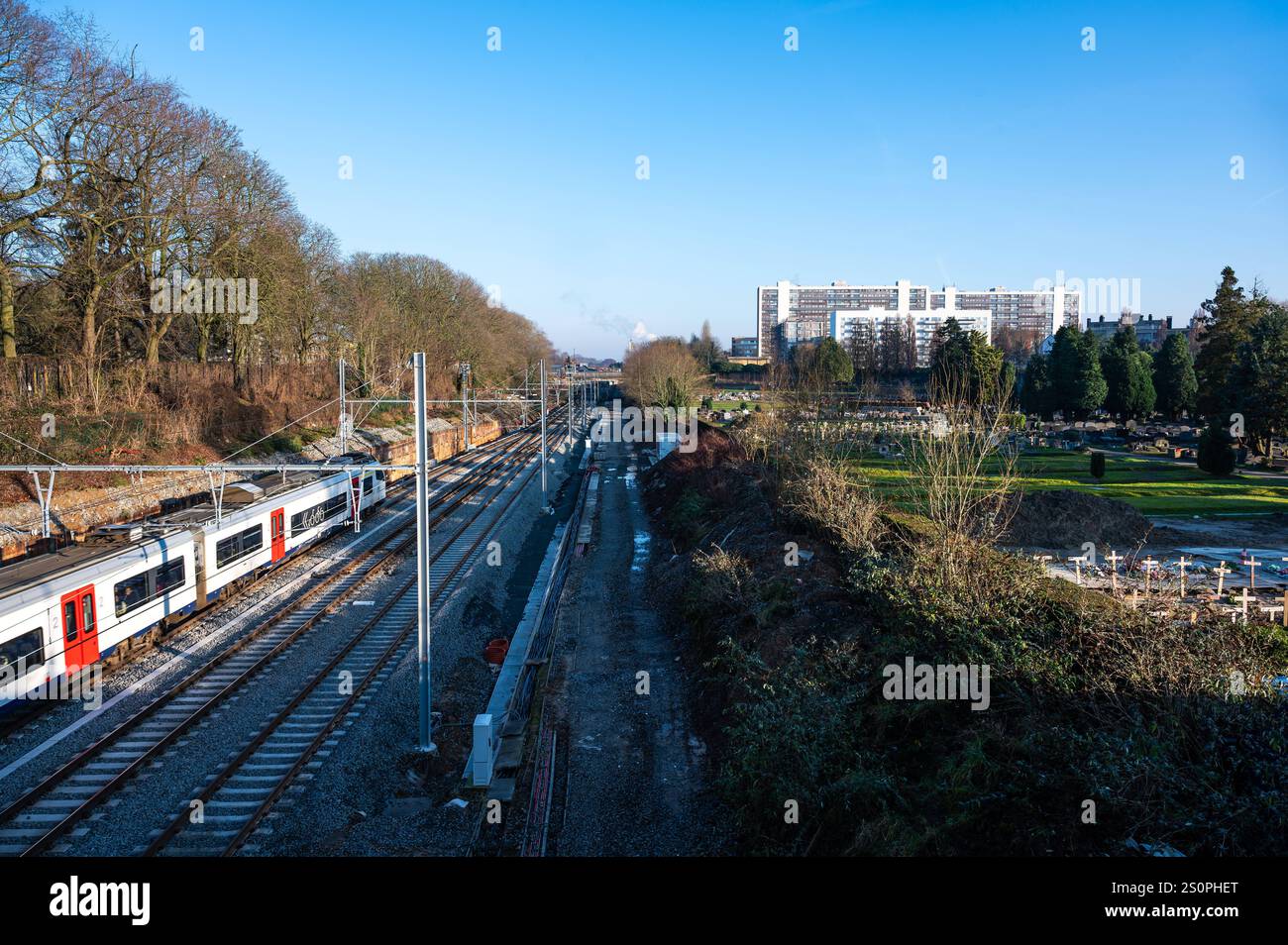 High angle view over the railway tracks near the train station of Jette ...