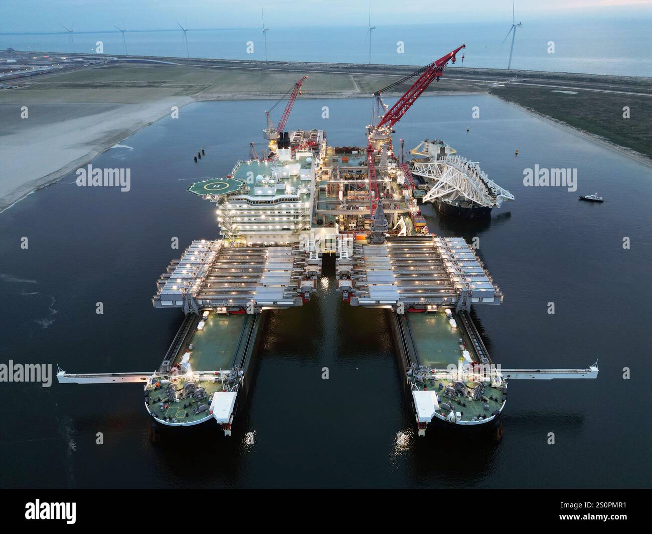 Aerial view of a large pipelaying and heavy lifting vessel, Maasvlakte ...