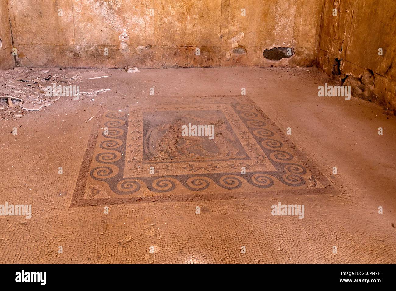 Ancient Roman Mosaic in Rustic Historical Wall Interior, Delos, Greece ...