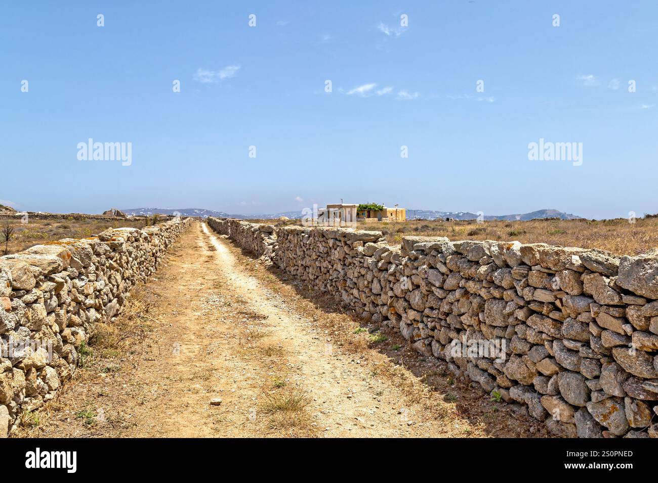 Rural Stone-Walled Pathway Through Open Fields Under a Blue Sky, Delos ...