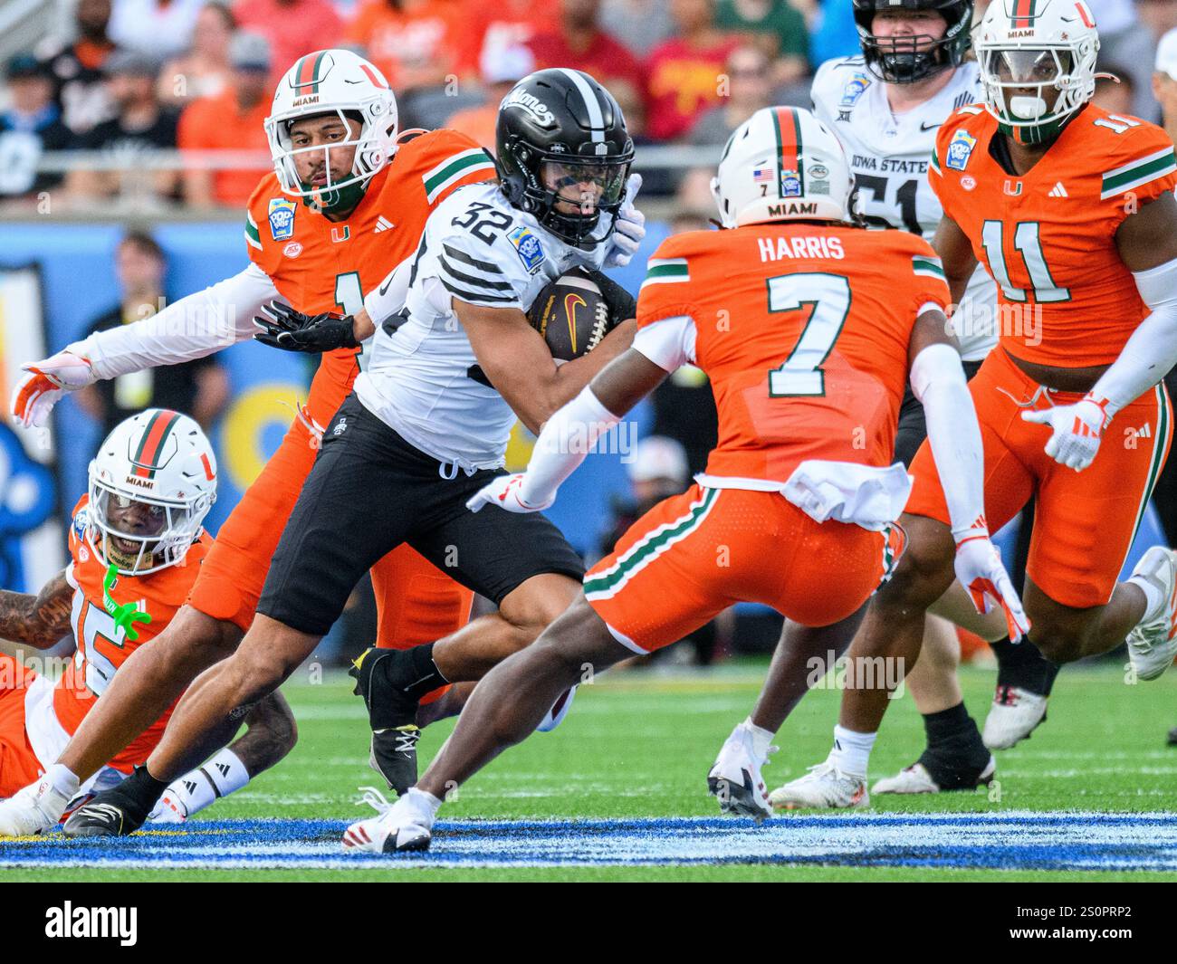 Orlando, FL, USA. 28th Dec, 2024. Iowa State Cyclones wide receiver Carson Brown (32) attempts ...