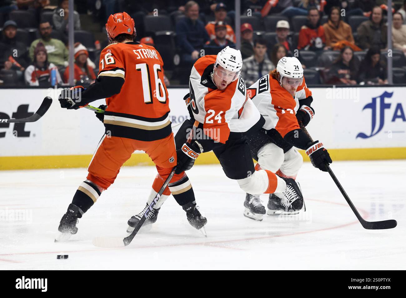 Philadelphia Flyers defenseman Nick Seeler (24) shoots around Anaheim ...