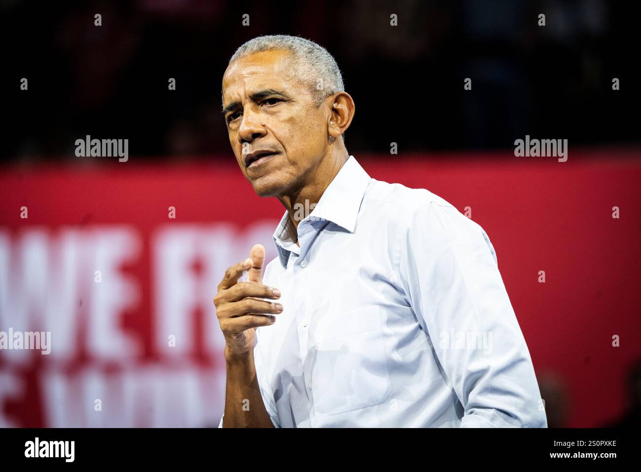 Former president Barack Obama speaks at a rally during the 2024 ...