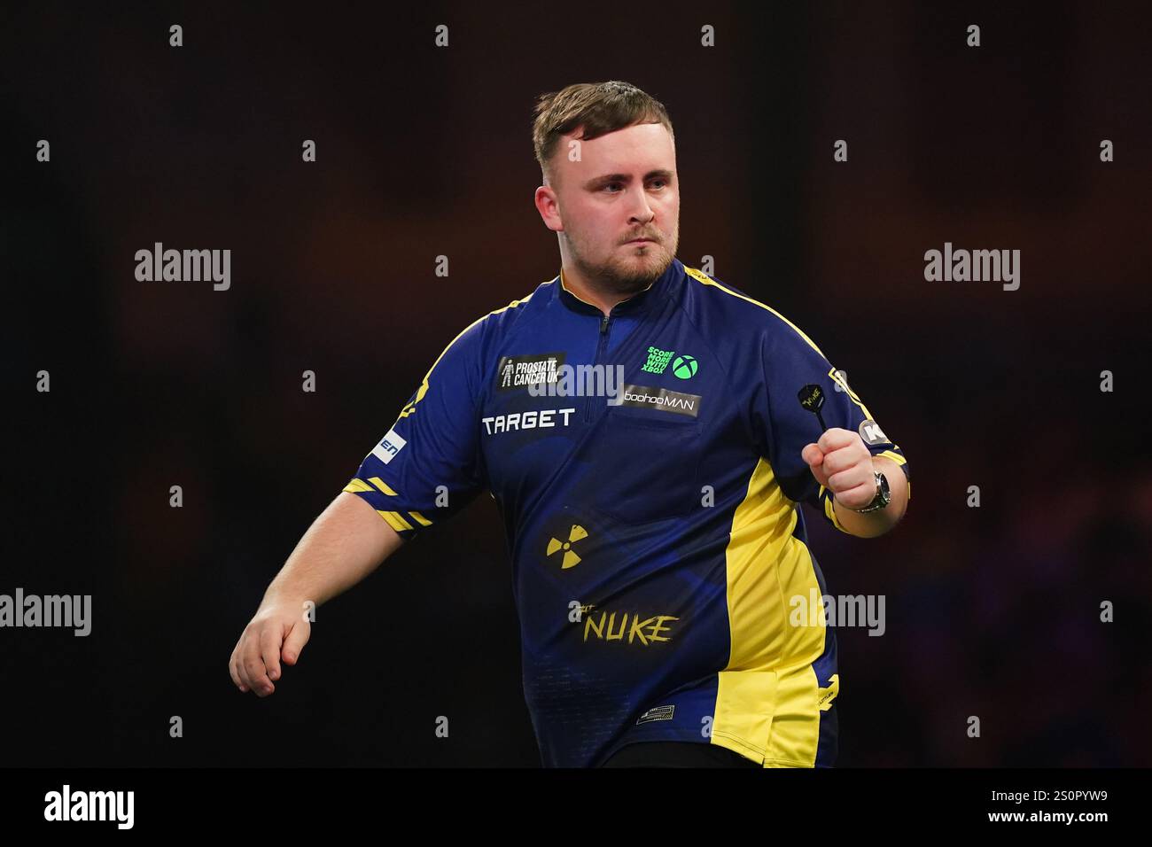 Luke Littler celebrates during his match against Ian White (not ...