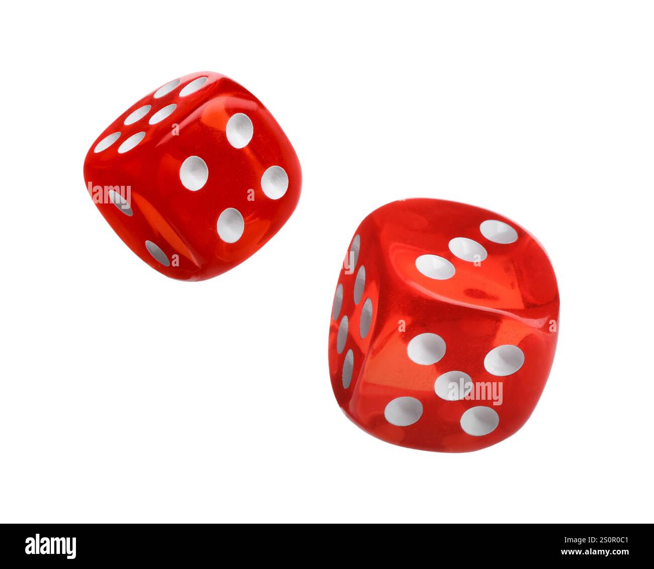 Two red dice in air on white background Stock Photo - Alamy