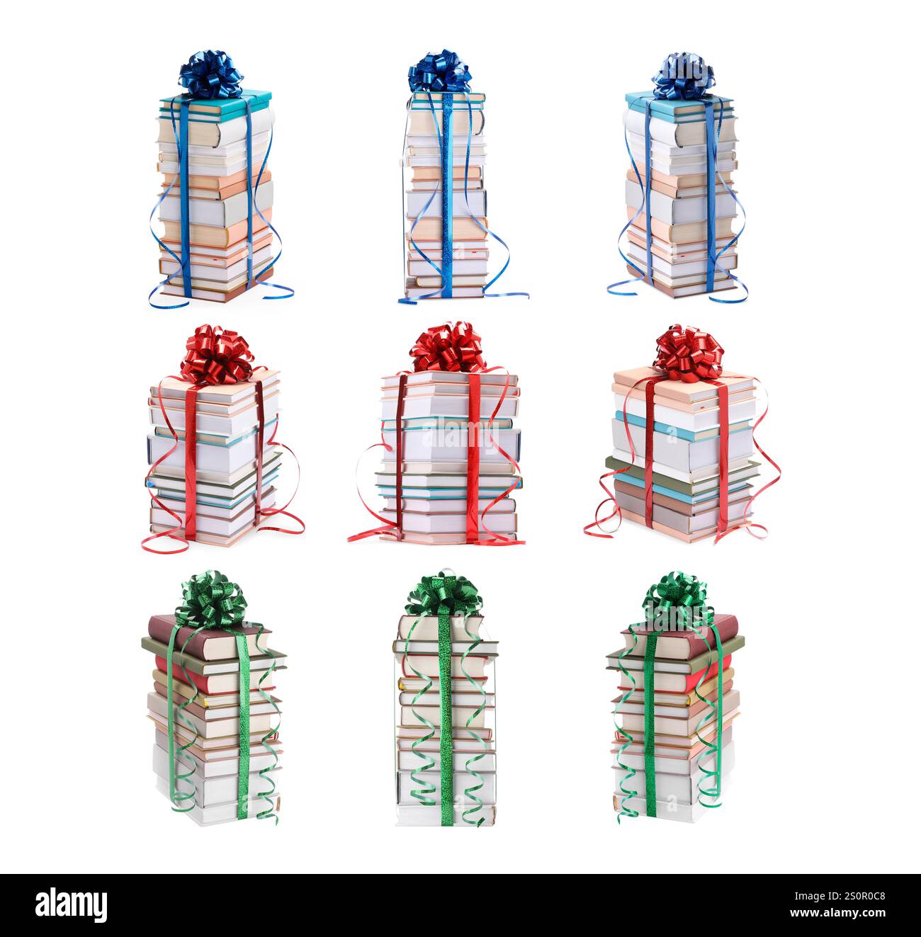 Stacked books decorated with bows isolated on white. Nice holiday gift ...