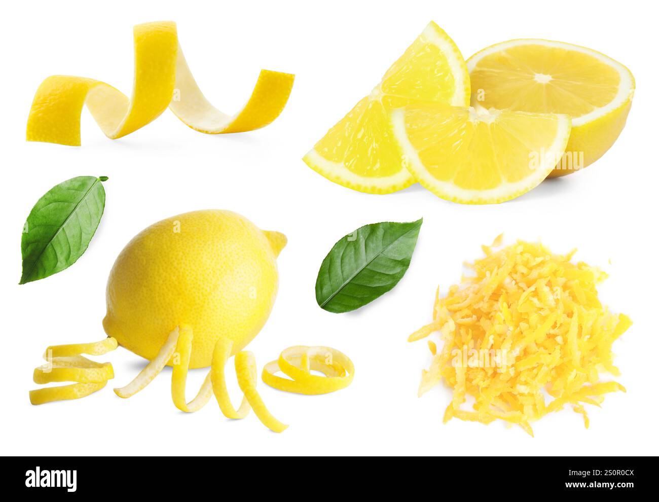 Fresh lemons, peels and zest on white background Stock Photo - Alamy