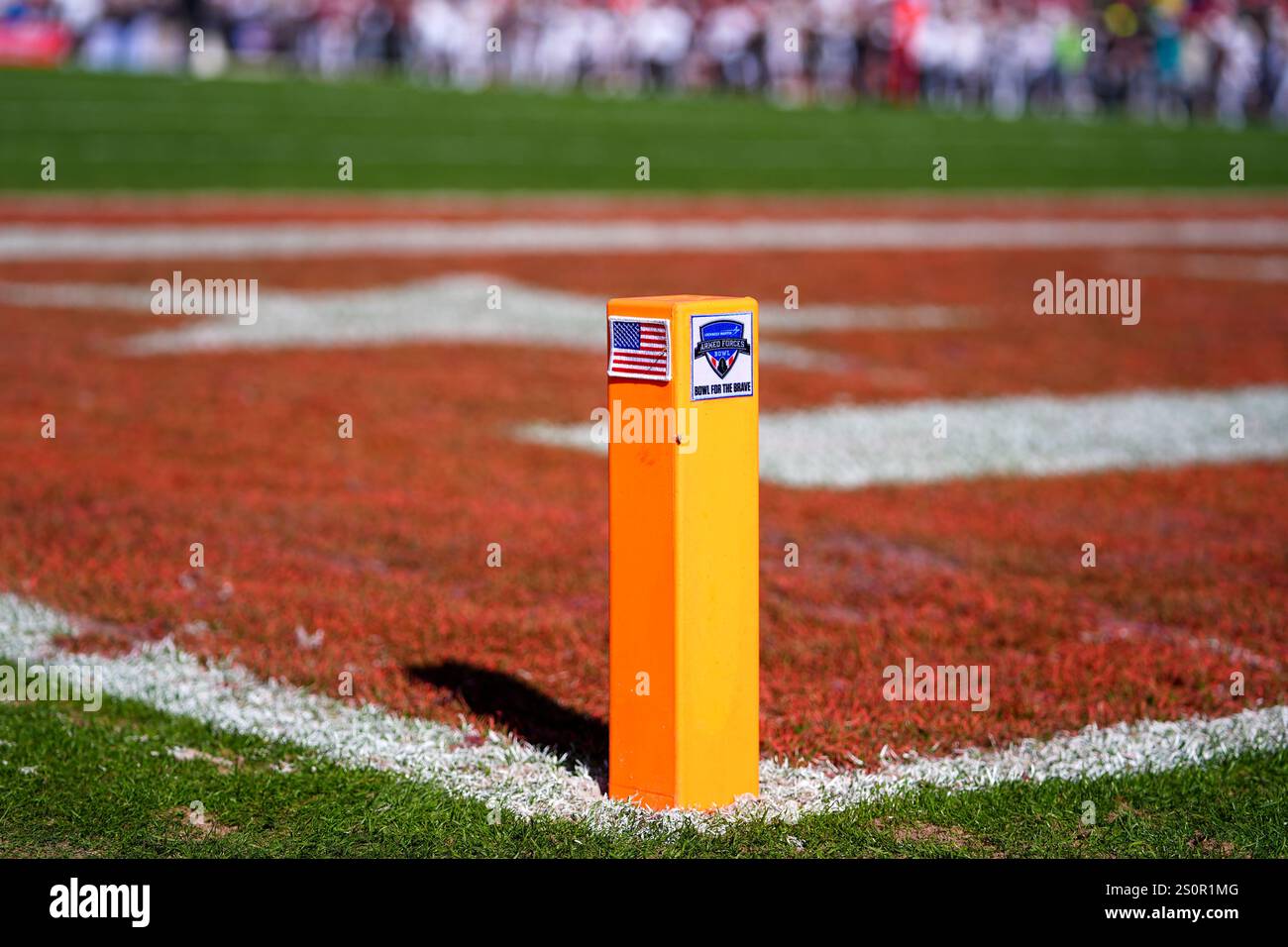 A pylon sports a U.S. flag and the log for the Armed Forces Bowl NCAA ...