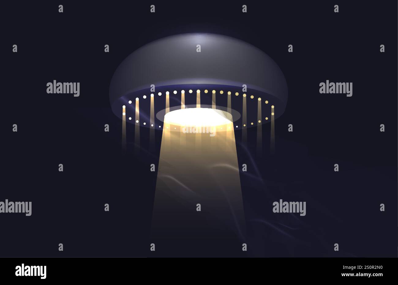 Alien spaceship emitting light beam in the blue sky. Ufo Uap concept ...