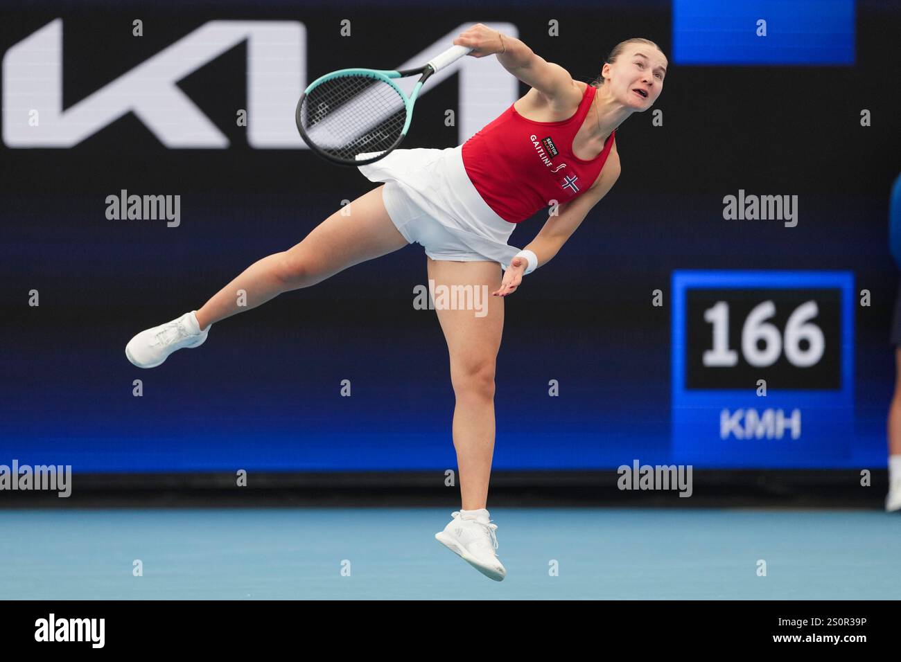 Norway's Malene Helgo serves to Czech Republic's Karolina Muchova during their match in the ...
