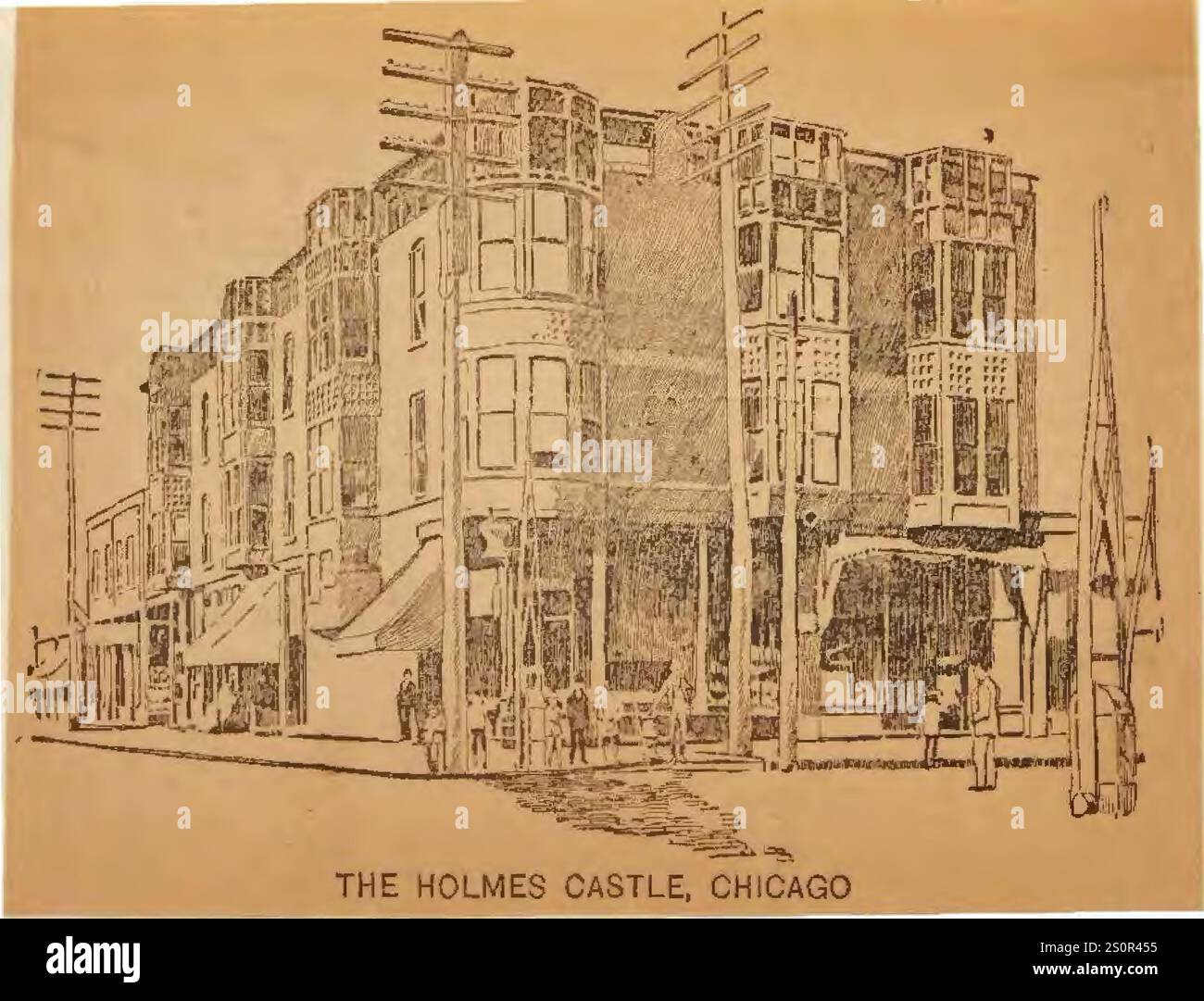 Drawing of the Holmes Castle in Chicago. Archive images of Herman ...