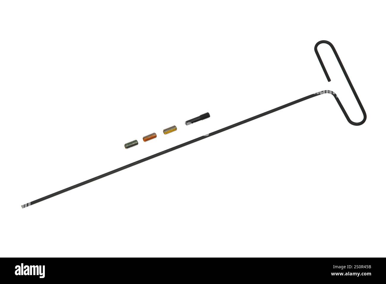 A T-handle hex key wrench with four colored threaded inserts and a ...