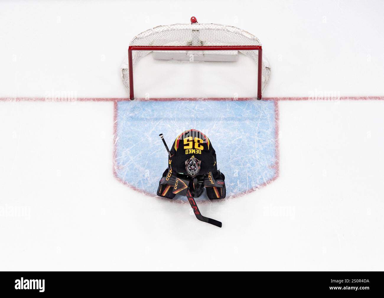 Vancouver Canucks goaltender Thatcher Demko waits for a face off ...