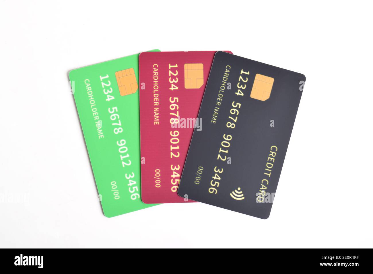 Three credit cards with chip on white background. Green, red, black ...