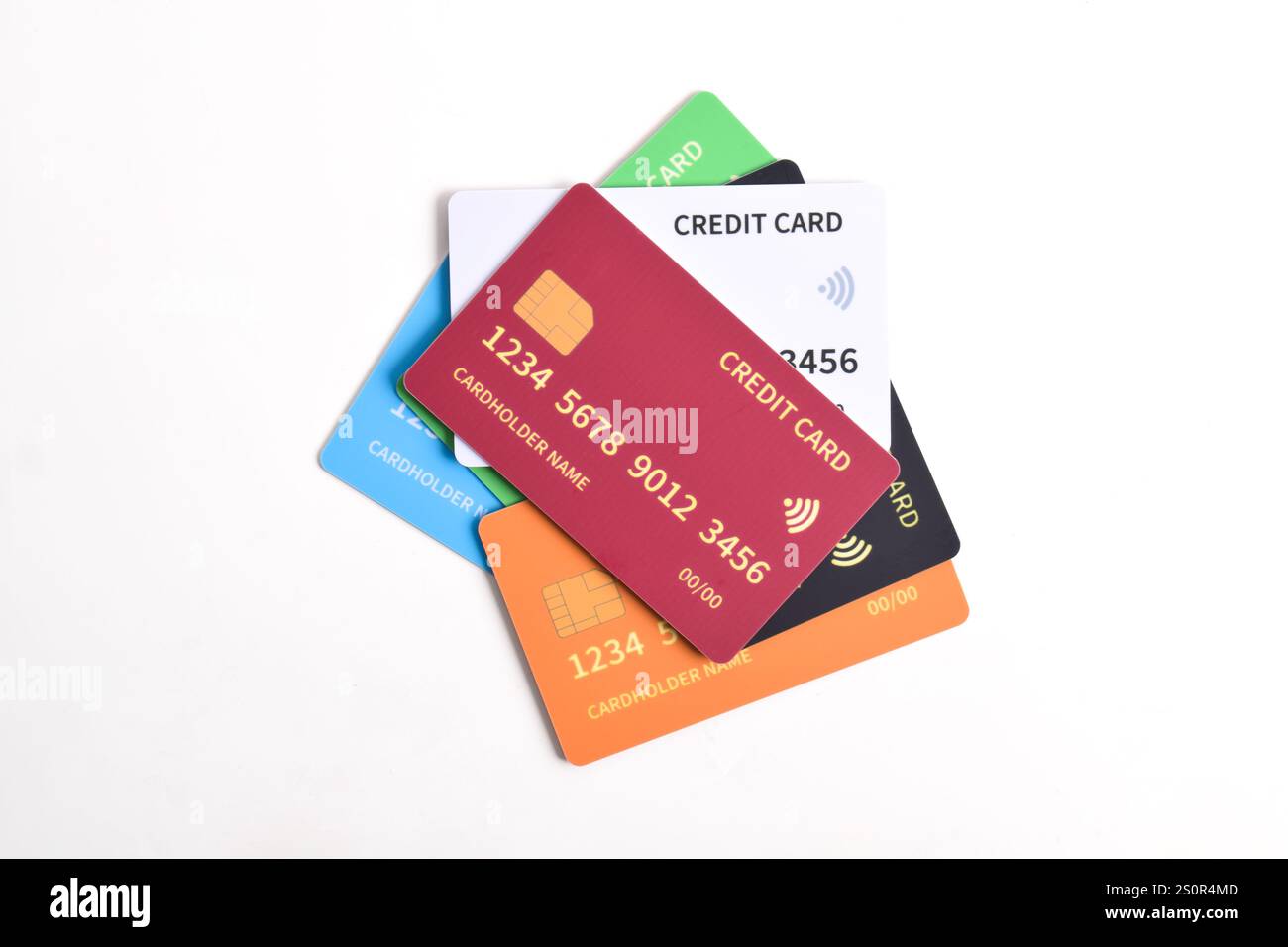 Pile of multicolored credit cards isolated on white background Stock ...