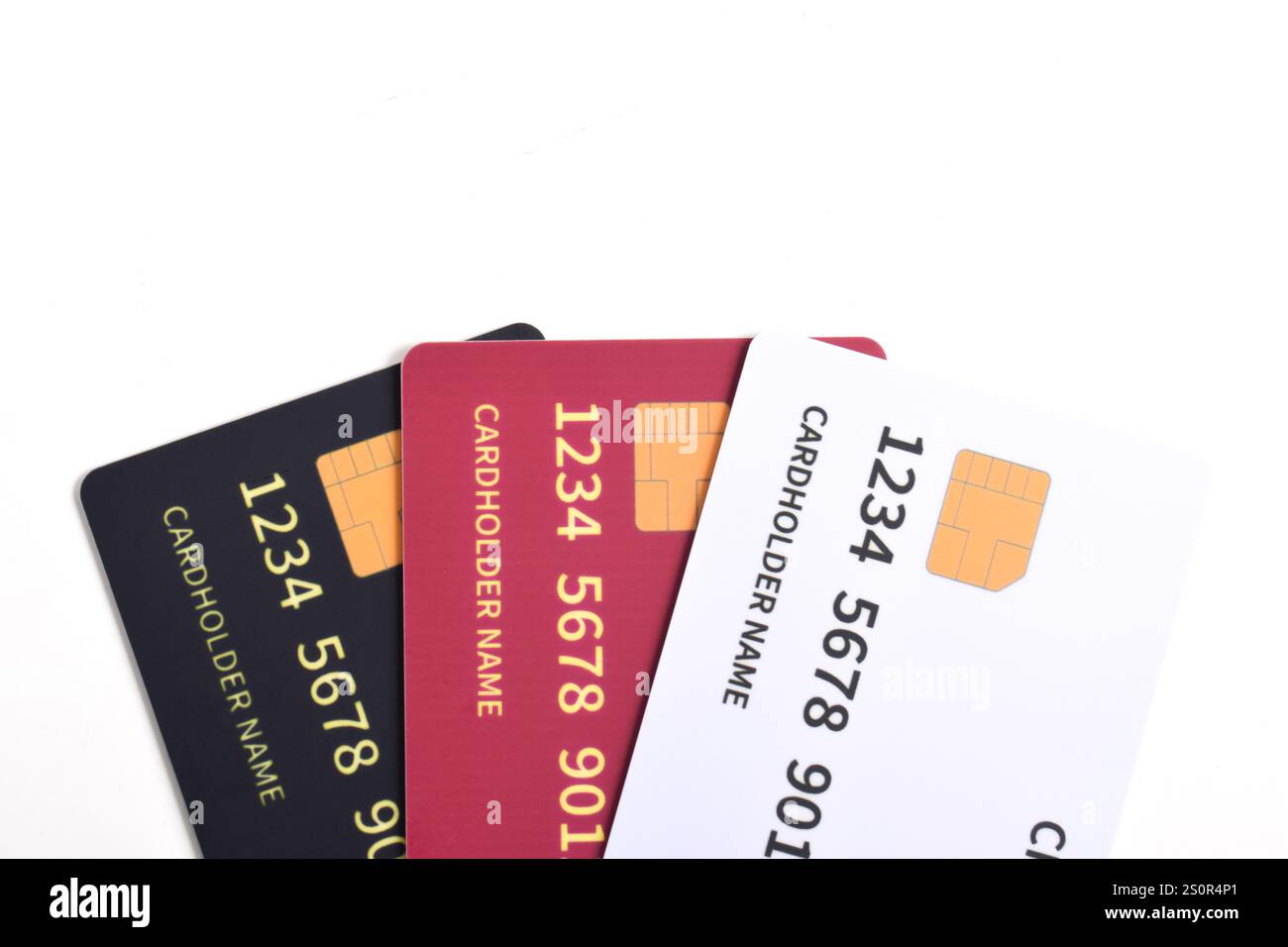 Three credit cards with chip on white background. White, red, black ...