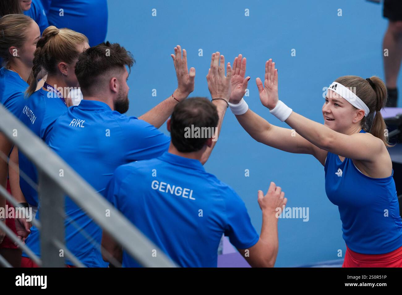 Czech Republic's Karolina Muchova ceebrates with teammates after ...